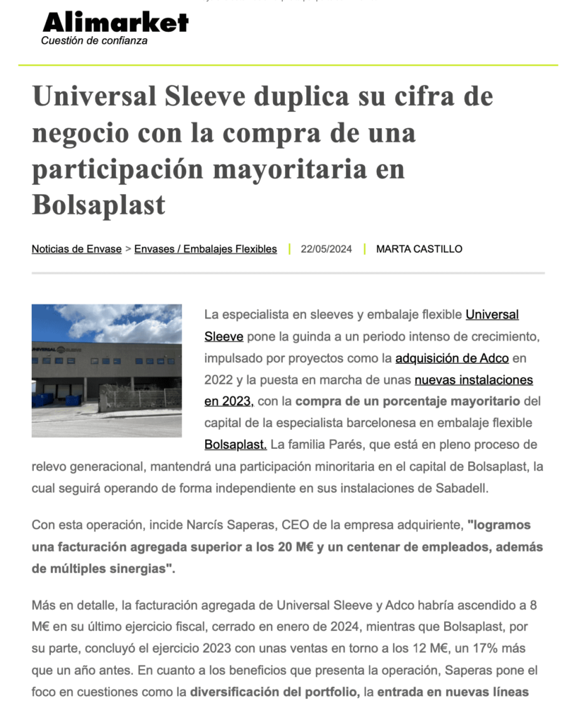 Universal Sleeve compra una participación en Bolsaplast